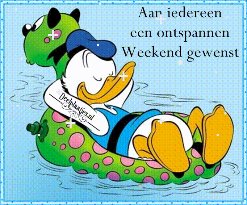 Gifplaatje Donald Duck op ligbed wenst iedereen een fijn weekend ...