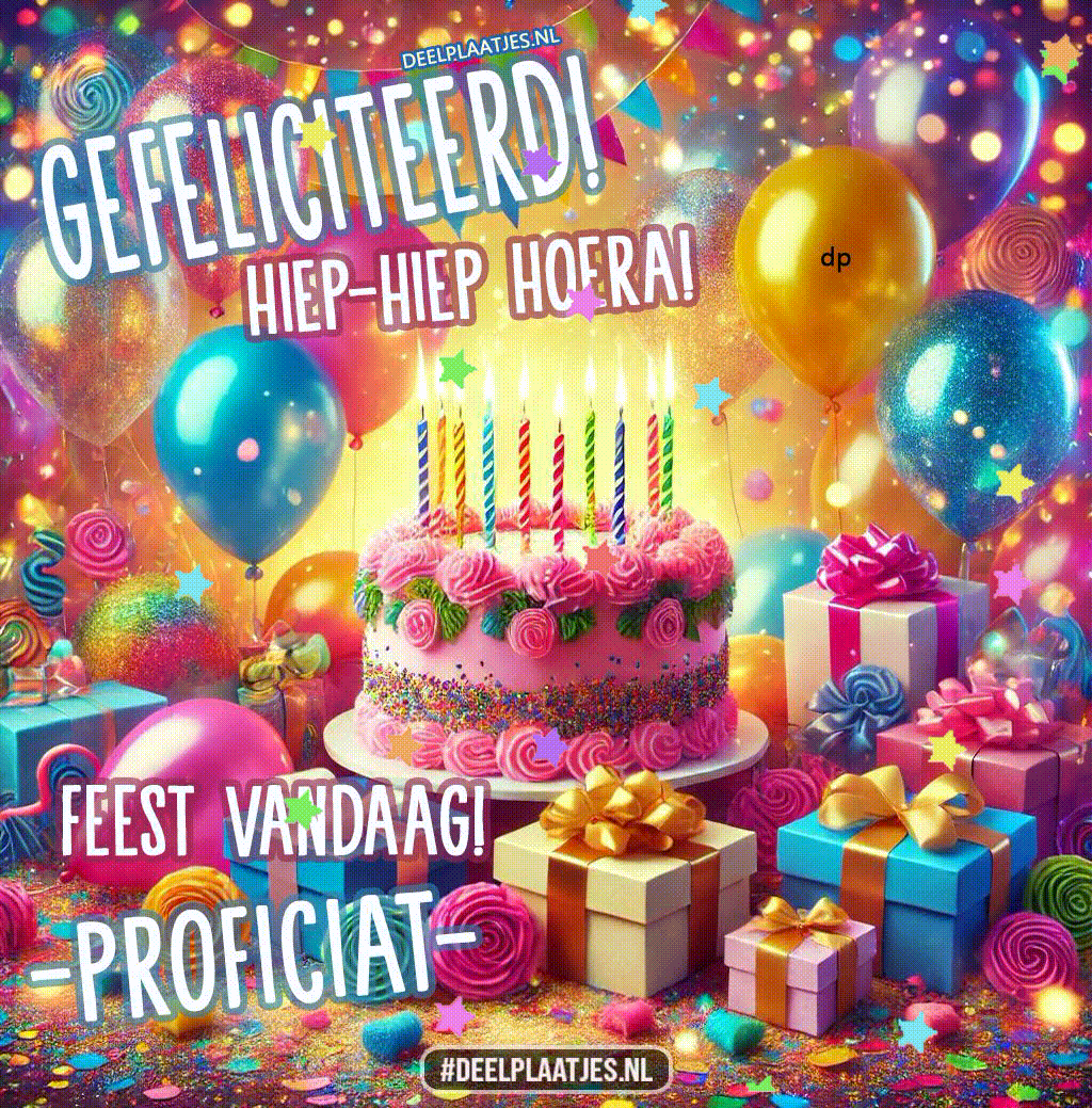Gifplaatje Hoera gefeliciteerd feest proficiat met je verjaardag ...