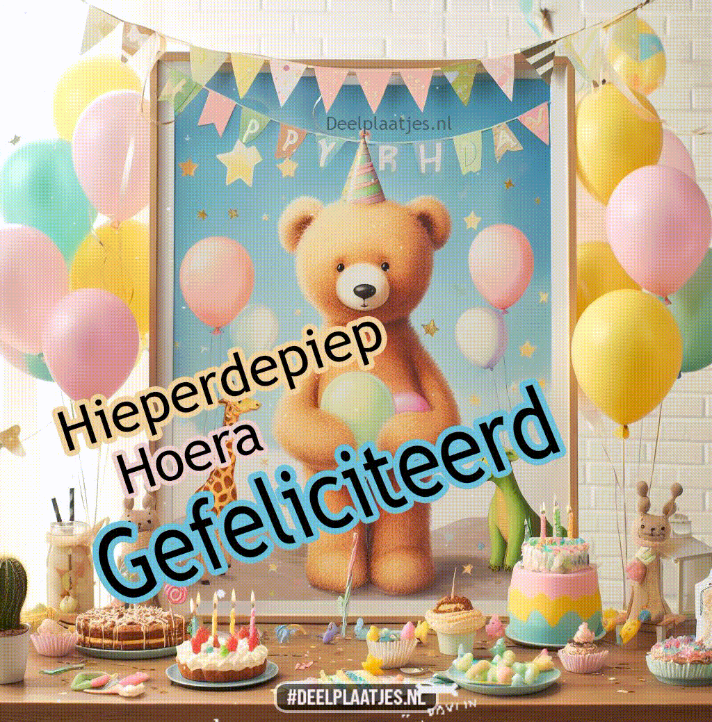 Gifplaatje Hieperdepiep hoera en gefeliciteerd - Delen via WhatsApp