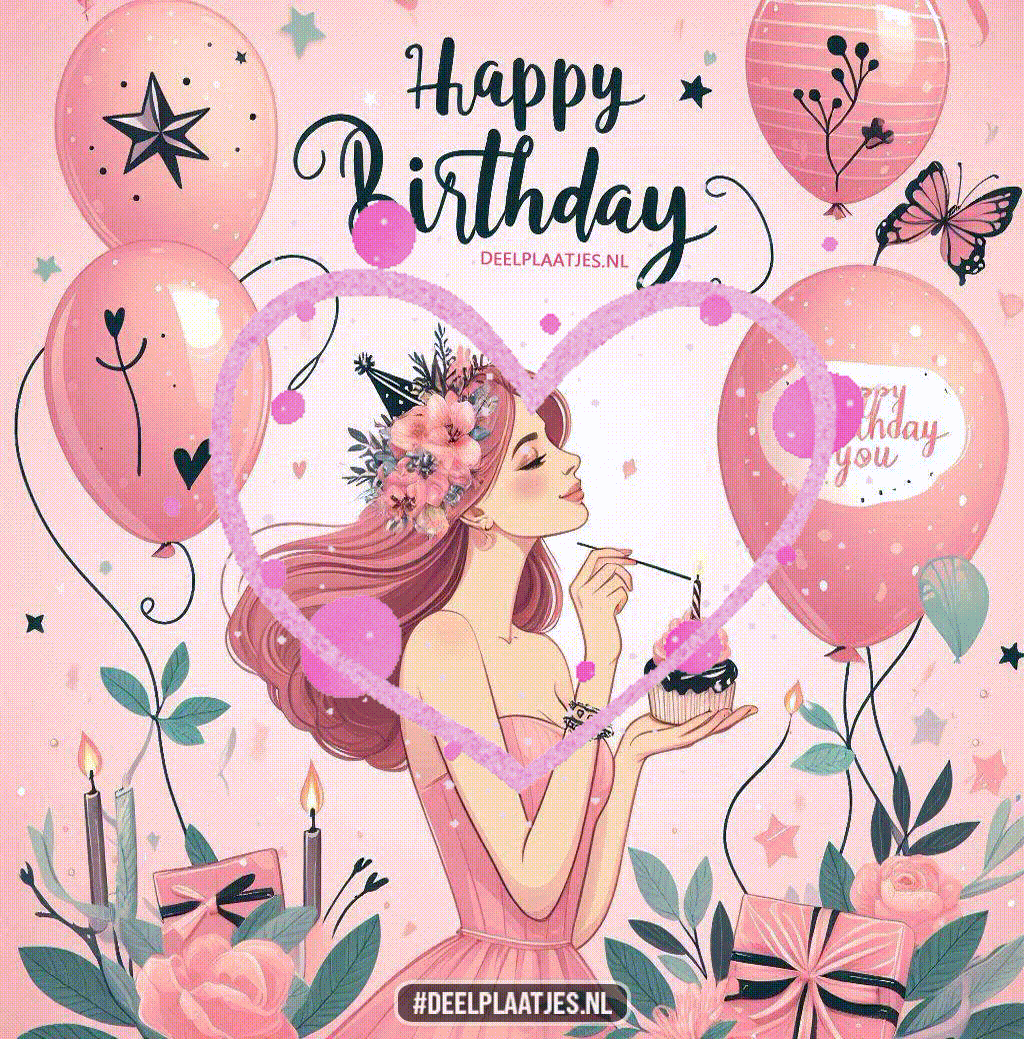 Gifplaatje Mooie roze happy birthday kaart - plaatjes delen met Whatsapp of social media